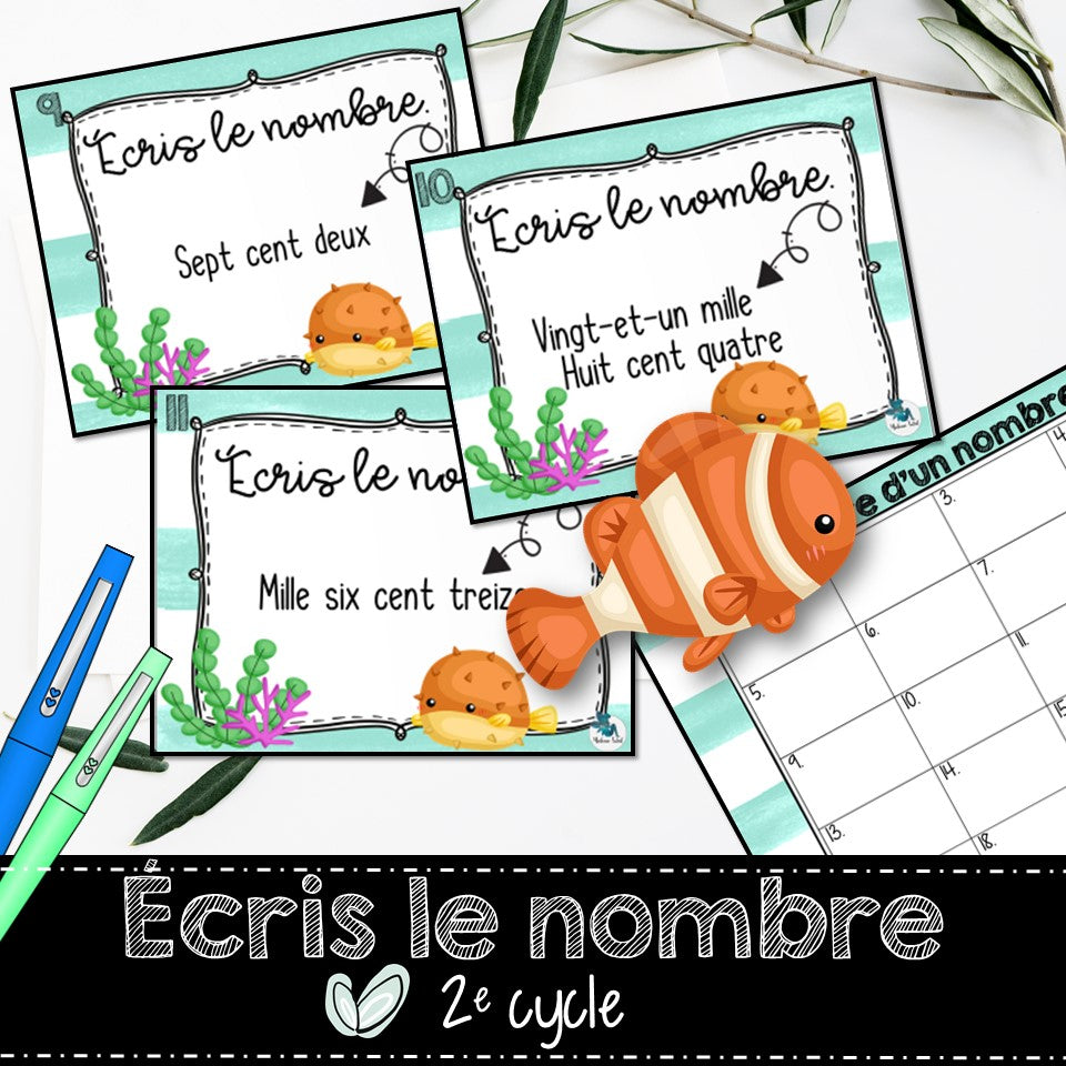 Écris le nombre | Thème mer | 3e-4e année | Madame Soleil