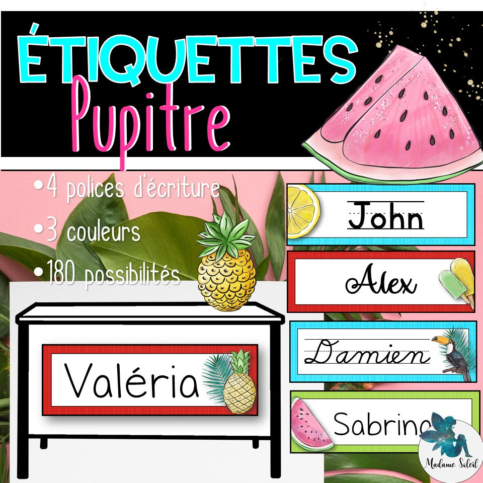 Étiquettes pupitre tropicales | Organisation | Madame Soleil
