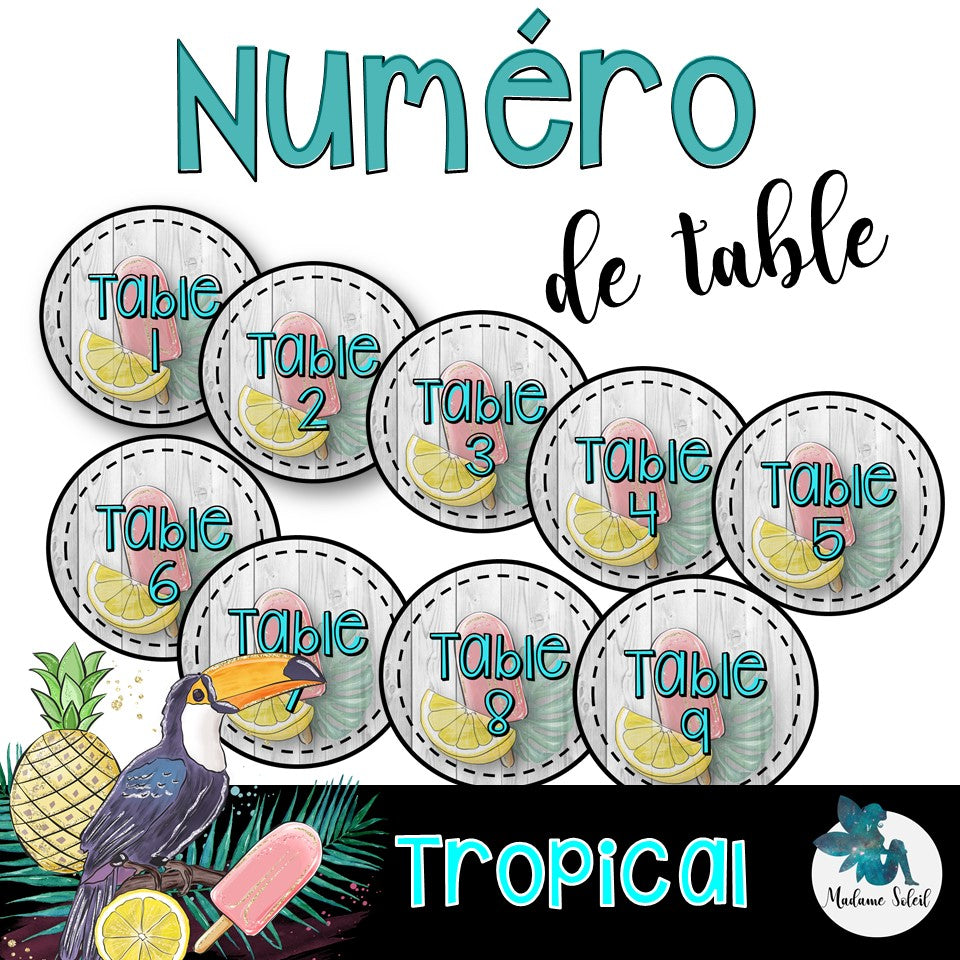 Numéros de table tropicaux | Affichage de classe | Madame Soleil