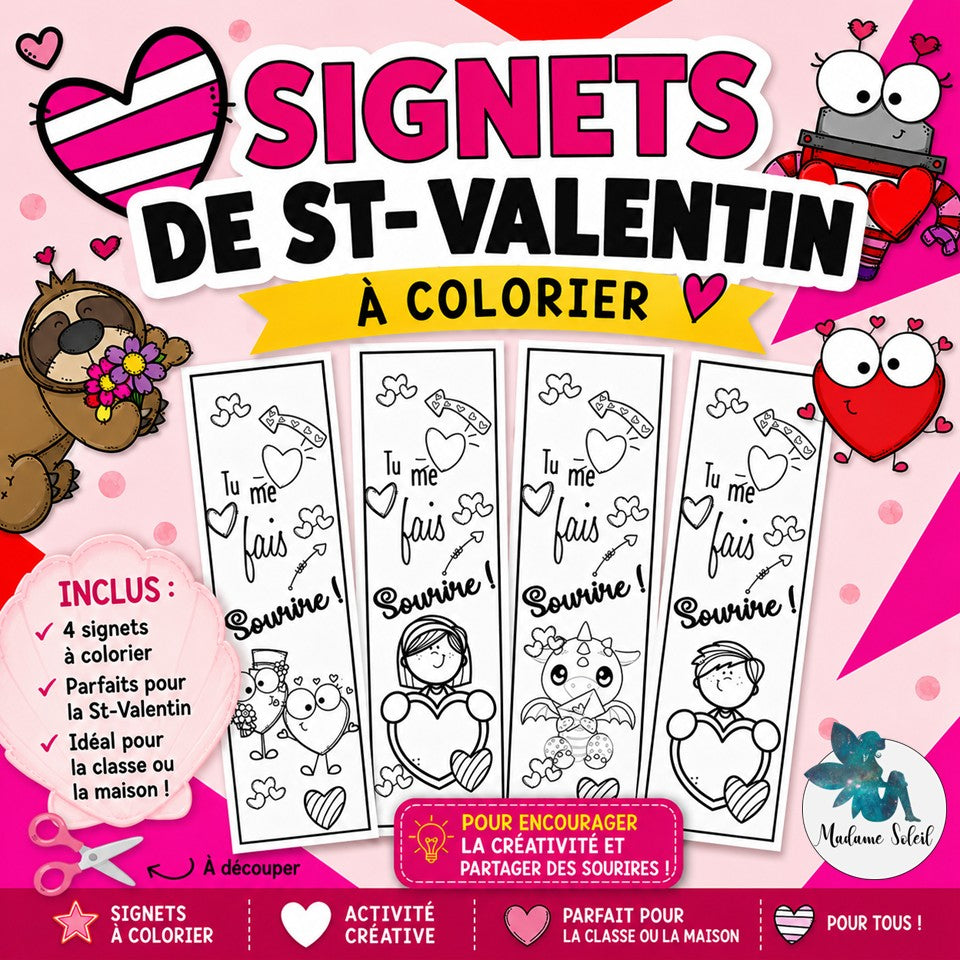 Signets St-Valentin à colorier | Lecture créative | Madame Soleil